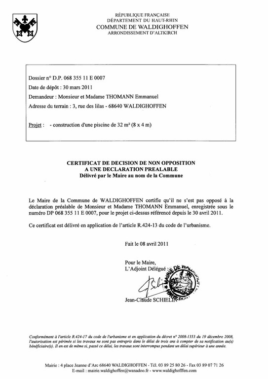 Non-opposition à une déclaration préalable n° 11E0007 - M. et Mme THOMANN Emmanuel — Waldighoffen